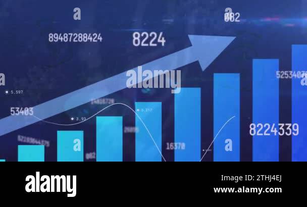 Animation of arrow, increasing numbers over bar graph against blue ...