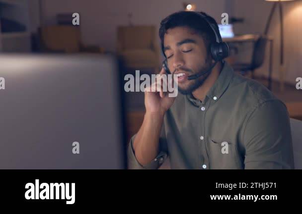 Call center employee, contact us and man talk with client, customer support and communication ...