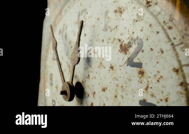 Old dial with rusty weathered hour and minute hands and numerals. White ...