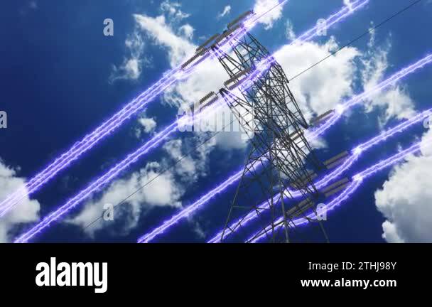 Transmission tower. Current flows through wires of the high voltage ...