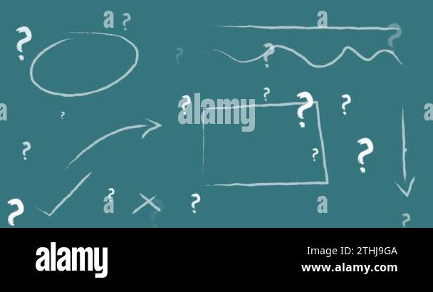 Animation of question marks over shapes and arrows on green background ...