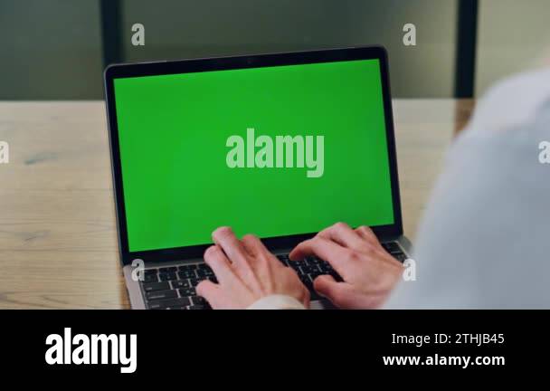 Woman Hands Typing Mockup Laptop In Office Closeup Unknown Lady Pushing Buttons On Chromakey