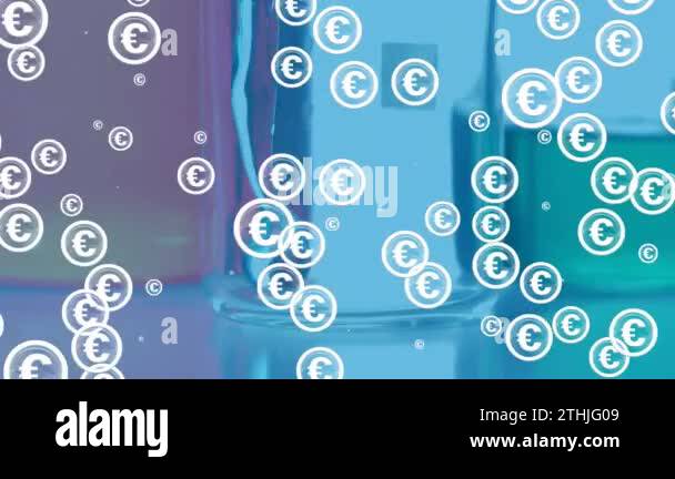 Animation of multiple euro symbols over chemical pouring in a glass ...