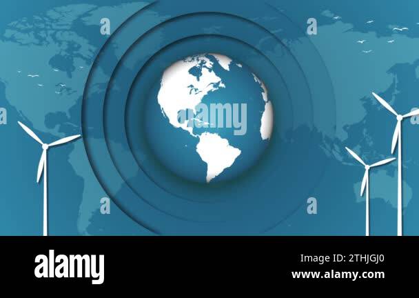 Wind turbines on the background of the world map. Blue rotating planet ...