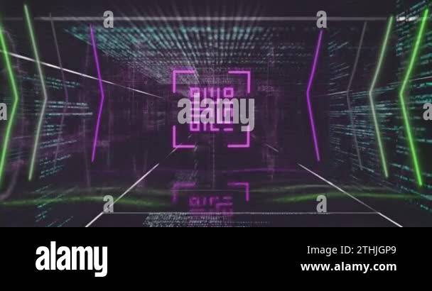 Animation of pink qr code, neon lights and data processing on black ...