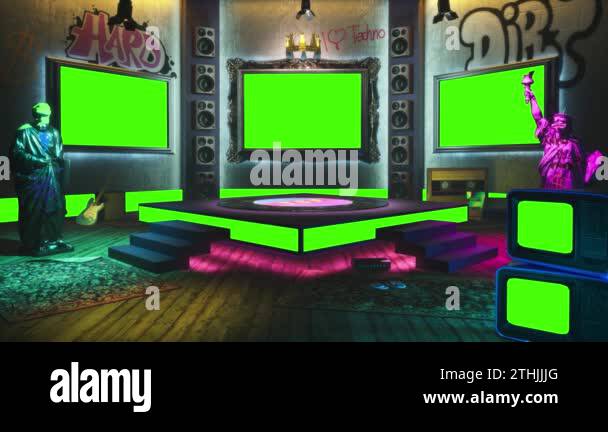 3D rendering Virtual studio with music stage. Green screen displays ...