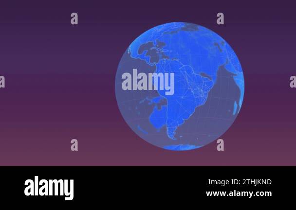 Animation of graphical rotating globe with blinking beams over violet background, copy space ...