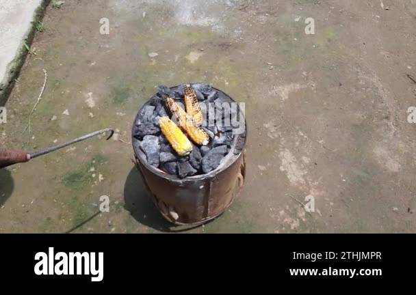 Grilled corn cobs on coal stove.Fresh roasted corncobs on coal fire ...