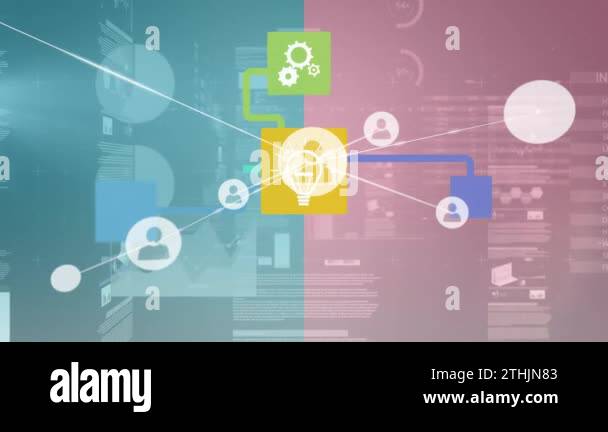 Animation of graphical infographic interface with computer icons, programming data and trading ...