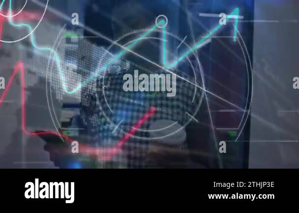 Animation Of Graphical Infographic Interface Moving Over African American Businesswoman With 