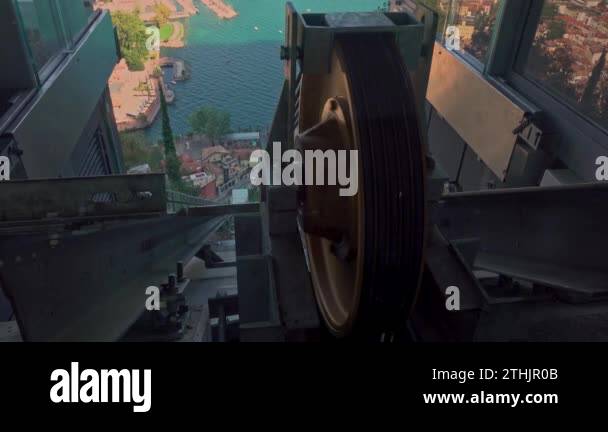 Stainless Steel Wire Ropes slide on iron wheels. Mechanism of Funicular ...