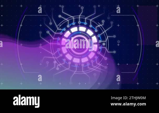 Animation of digital screen with diverse data, purple stain and processing circle. Data ...