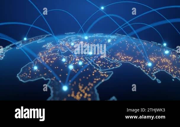 Tech earth globalization in 3d animation. Global Business dots on ...