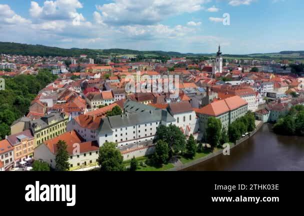 Medieval Town Pisek and historic stone bridge over river Otava in the ...