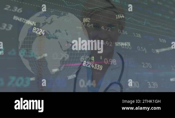 Animation of moving counters, line graphs and globe over portrait of ...