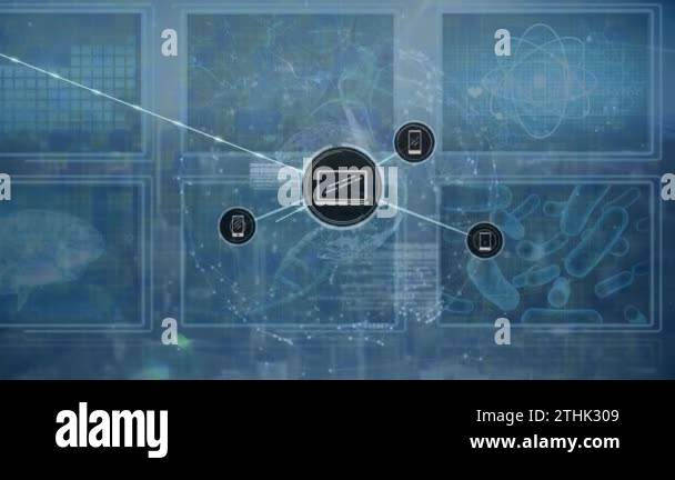 Animated icons of computer and mobile phones connecting with lines ...