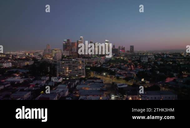 Night aerial view of downtown Los Angeles, California. Downtown Los ...