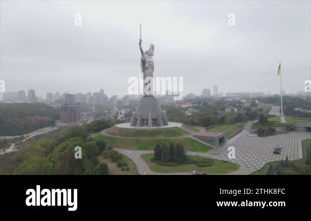 This stock video shows an aerial view of the symbol of Kyiv, Ukraine ...