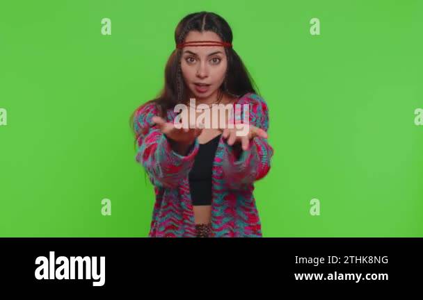 Free gifts, presents for you. Young woman opening hands, glad to see ...