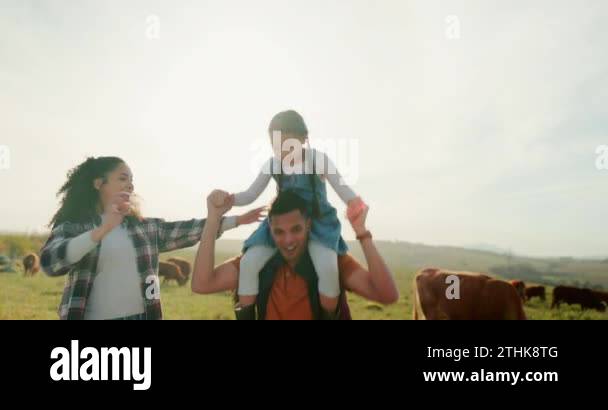 Farm animal, field and fun happy family play, bond and enjoy outdoor ...