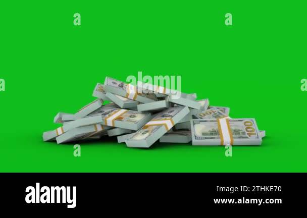3d animation of stacks of 100 us dollar notes falling on greenscreen ...