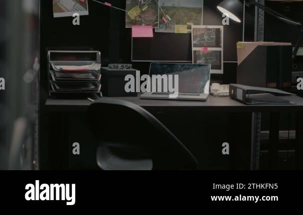 Empty police archive with case files for investigation, board filled ...