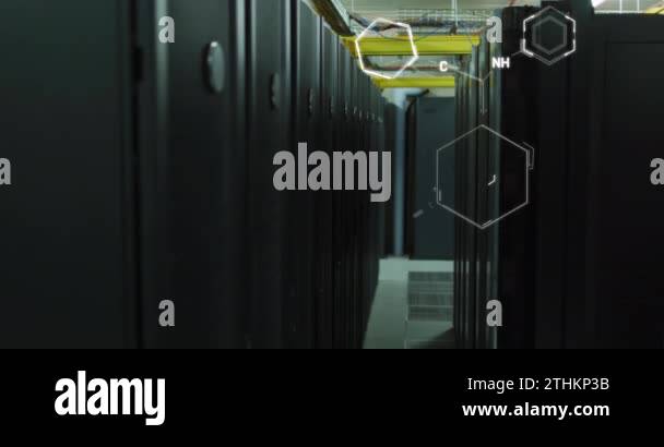 Animation Of Molecule Structures Connected With Lines Against Server Room Digital Composite