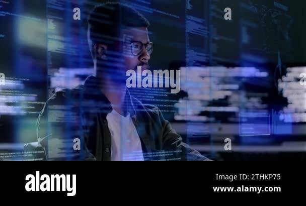 Man Programming And Coding At Night On Dashboard For Computer Software Or Application At The