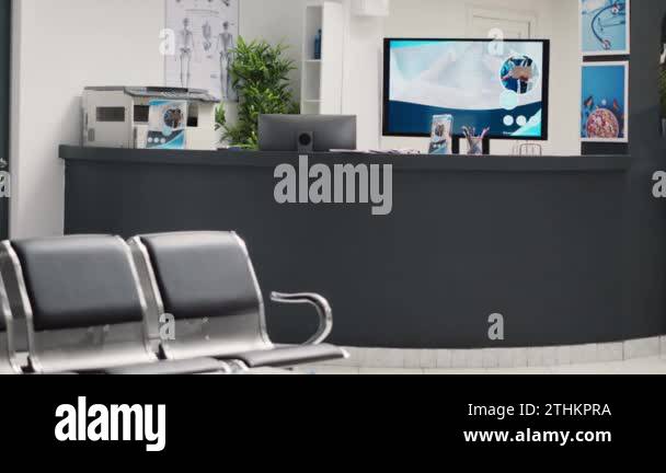 Hospital reception counter in hallway and waiting room, medical checkup ...