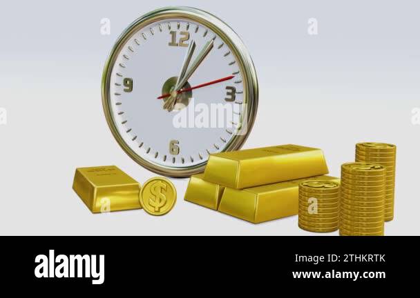 Animated 3d wall clock, coins and gold bars. 4k videos. Illustration of ...