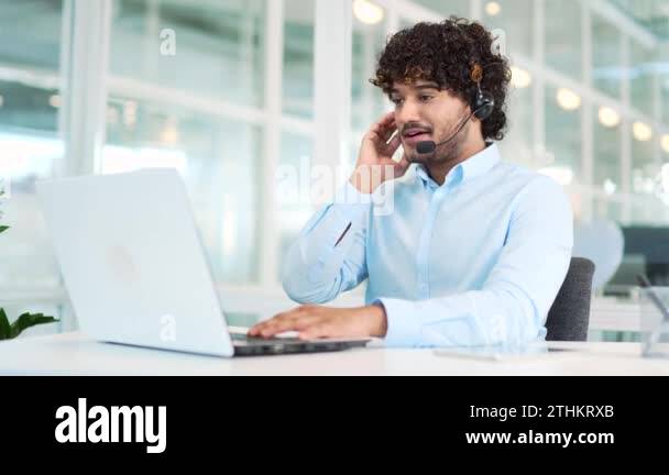 orporate operator who works in the support service speaks on a video ...