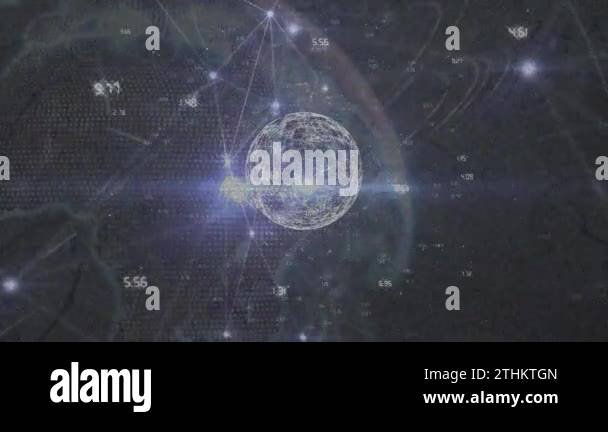 Animation Of Light Beams With Lines Connecting Dots With Globe Rotating On Digital Interface