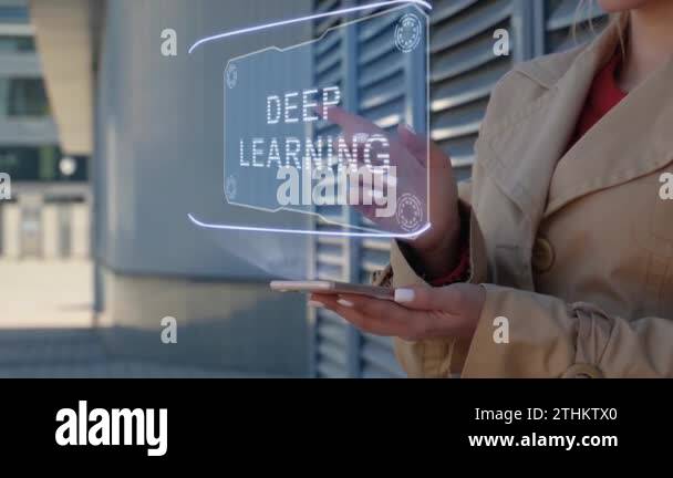 Unrecognizable businesswoman interacts HUD hologram with text Deep ... Unrecognizable businesswoman interacts HUD hologram with text Deep ...