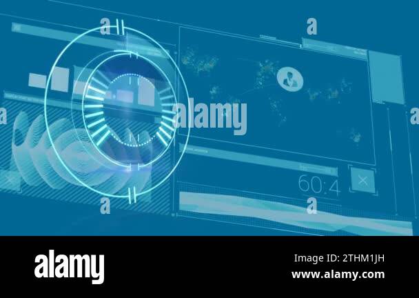 Animation of scope scanning and data processing over empty office. Global connections digital ...