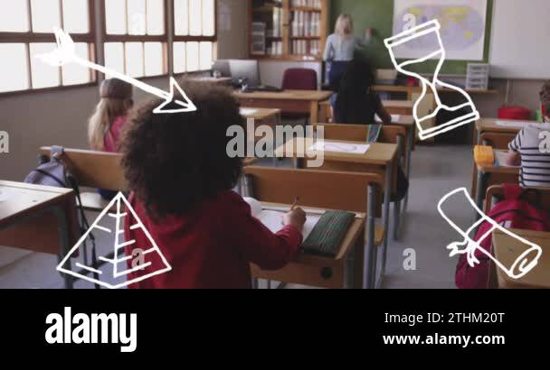 Animation of multiple icons over rear view of diverse teacher teaching ...
