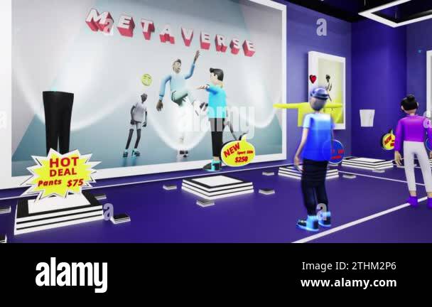 3D animation of futuristic virtual clothing store. Avatars with icons ...