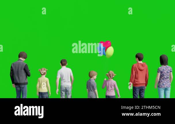 Isolated group of children standing with balloon,back view 3D people ...