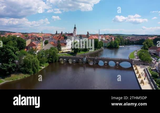 Medieval Town Pisek and historic stone bridge over river Otava in the ...