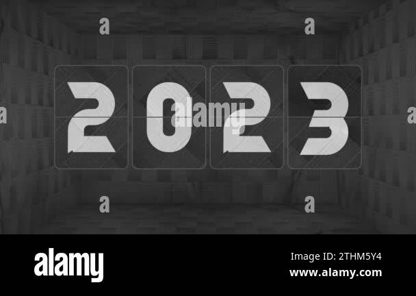 Flip clock switches from year 2022 to 2023, all the way to 2029. Dark Checkered black space box ...