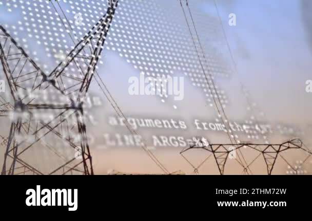 Animation of data processing and world dmap over electricity pylons ...