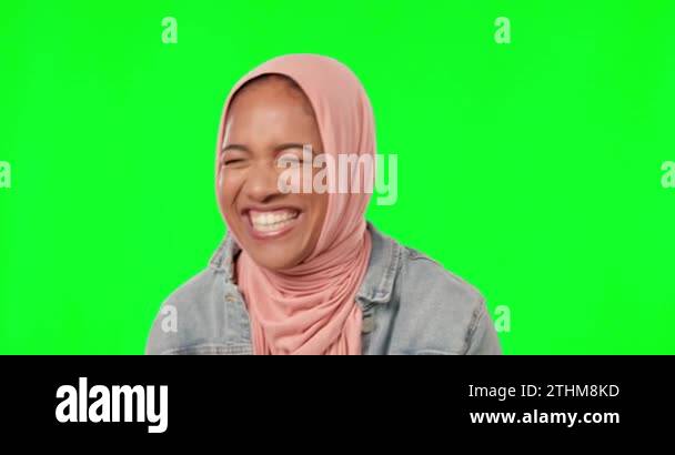 Muslim, hijab and woman laughing on green screen, background and smile ...
