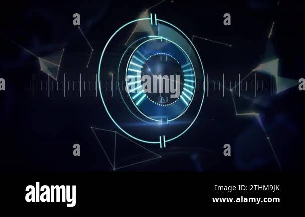 Animation of neon round scanner over globe of plexus network against black background. Computer ...