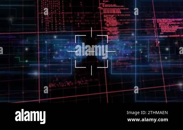 Animation of scope scanning over light trails and data processing against black background ...