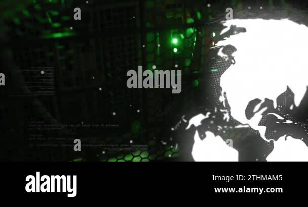 Animation of dots around globe and computer language over server rack ...