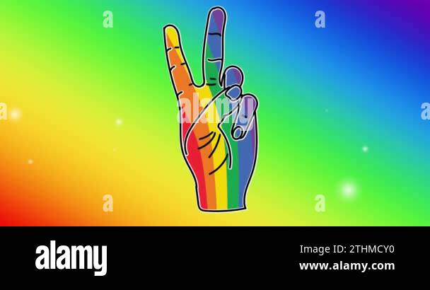 Animation of rainbow hand with victory sign over rainbow background ...