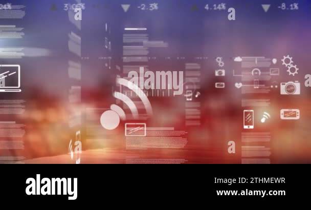Animation of interface screen with various programming codes, graphs and computer icons ...