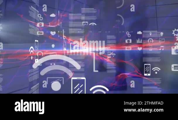 Animation of computer icons with languages, graphs, trading data and flare on abstract ...