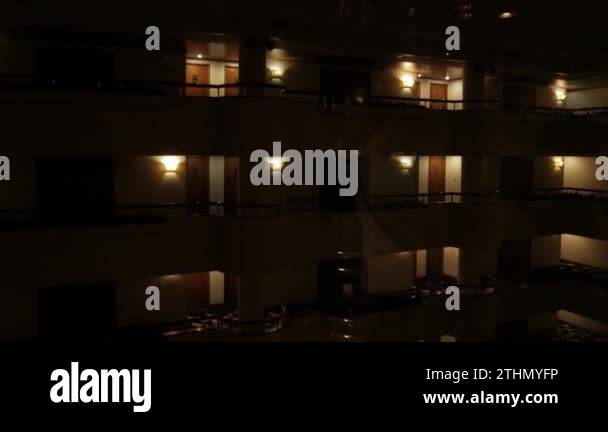 inside the elevator while going down from the top of the building with ...