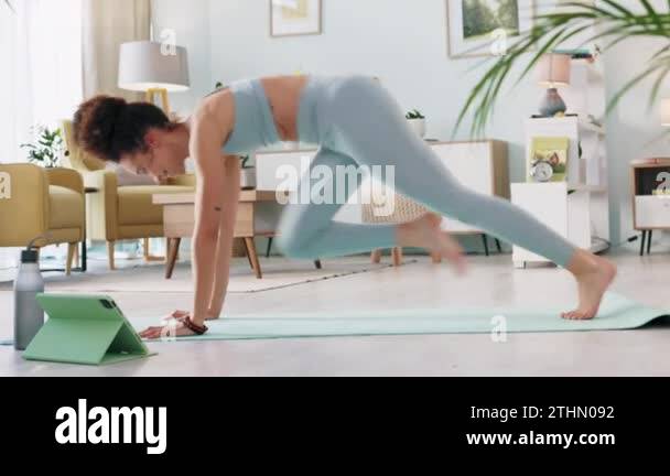 Exercise, fitness and watching tablet for online aerobics tutorial or ...