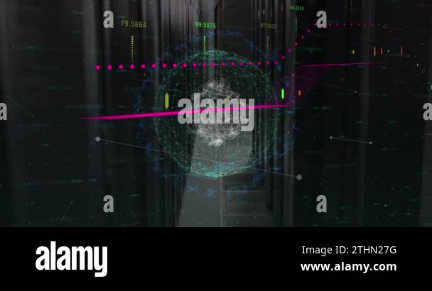 Animation of graphs with numbers over connected dots forming globes against server room. Digital ...